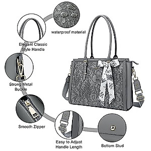 MOSISO Laptop Bag for Women, 15.6-16 inch PU Leathe Tote Bag Compatible with MacBook, HP, Dell, Asus Notebook, Front Embossed Retro Hibiscus Computer Bag with Silk Scarf&Clutch Purse, Gray