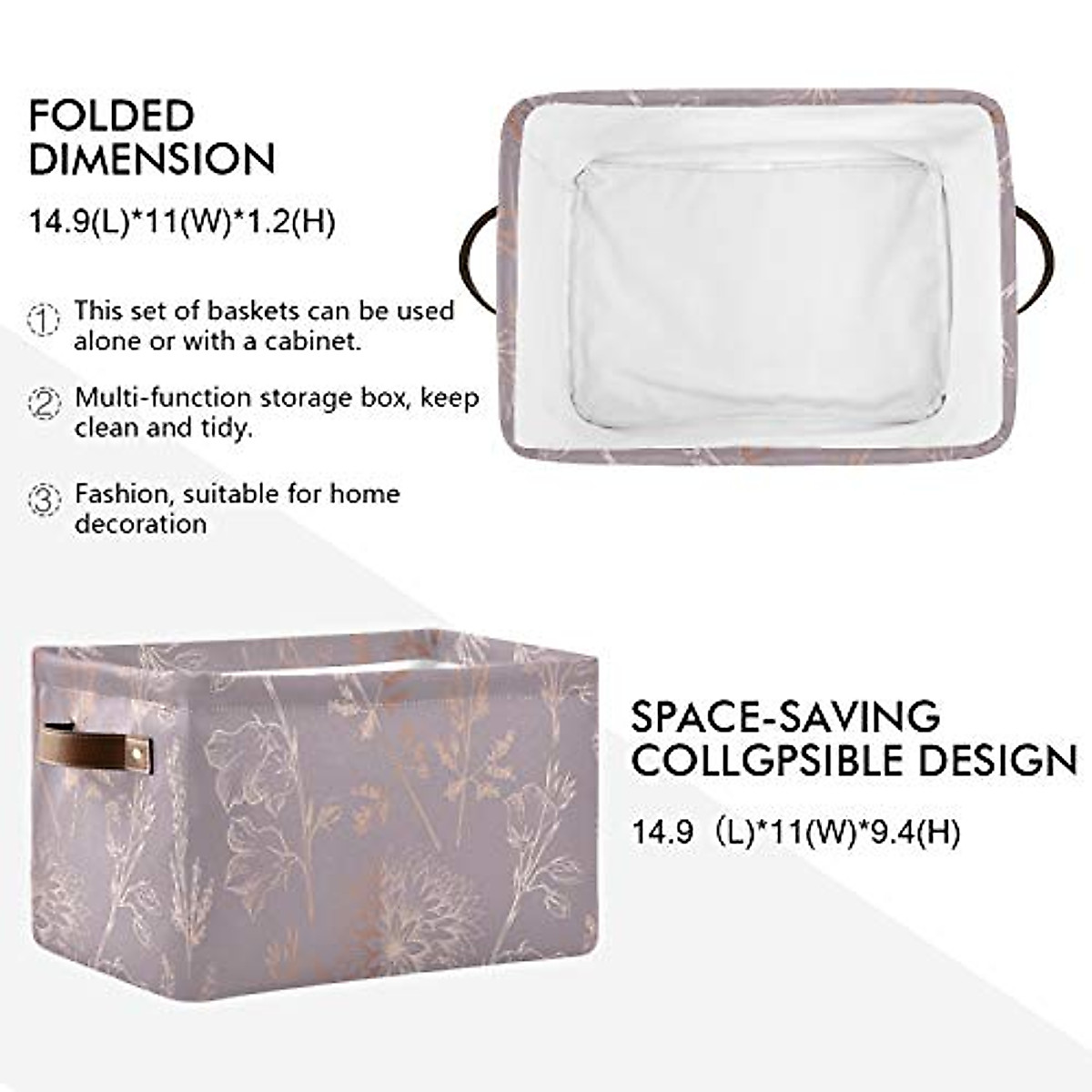 susiyo Large Foldable Storage Bin Rose Gold Elegant Floral Fabric Storage Baskets Collapsible Decorative Baskets Organizing Basket Bin with PU Handles for Shelves Home Closet Bedroom Living Room-2Pack