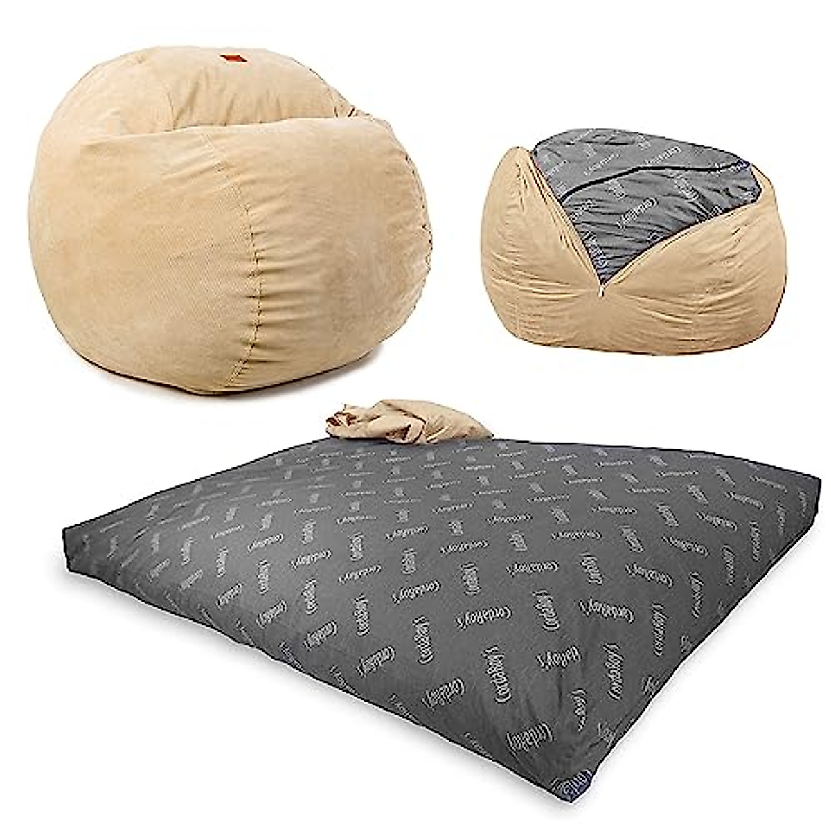 CordaRoy's Corduroy Bean Bag Chair, Convertible Chair Folds from Bean Bag to Bed, As Seen on Shark Tank, Khaki - Full Size