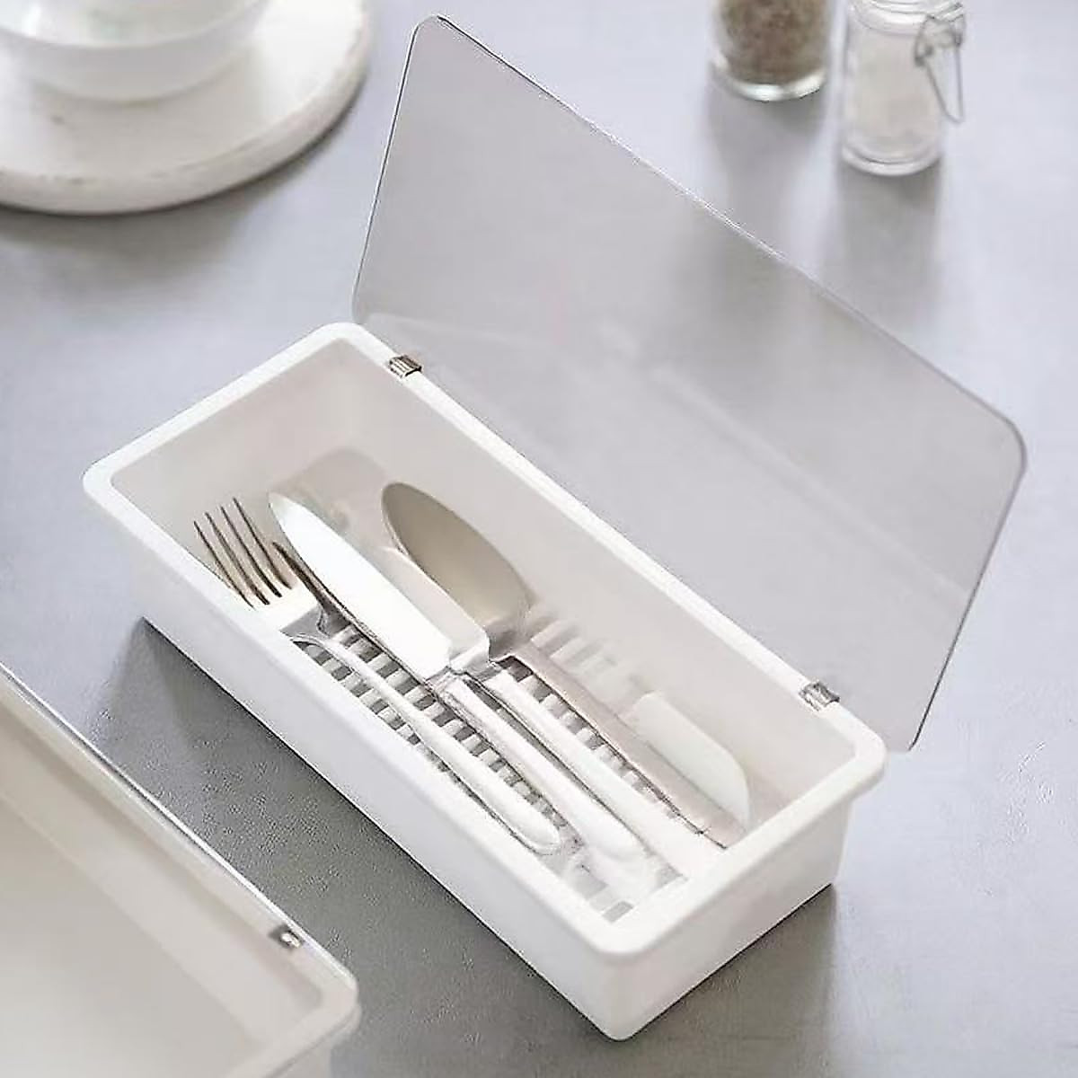 AIYoo Flatware Tray Kitchen Drawer Organizer With Lid And Drainer - Plastic Kitchen Cutlery Tray and Utensil Storage Container with Cover 12.5 Inch - Dinnerware Holder White