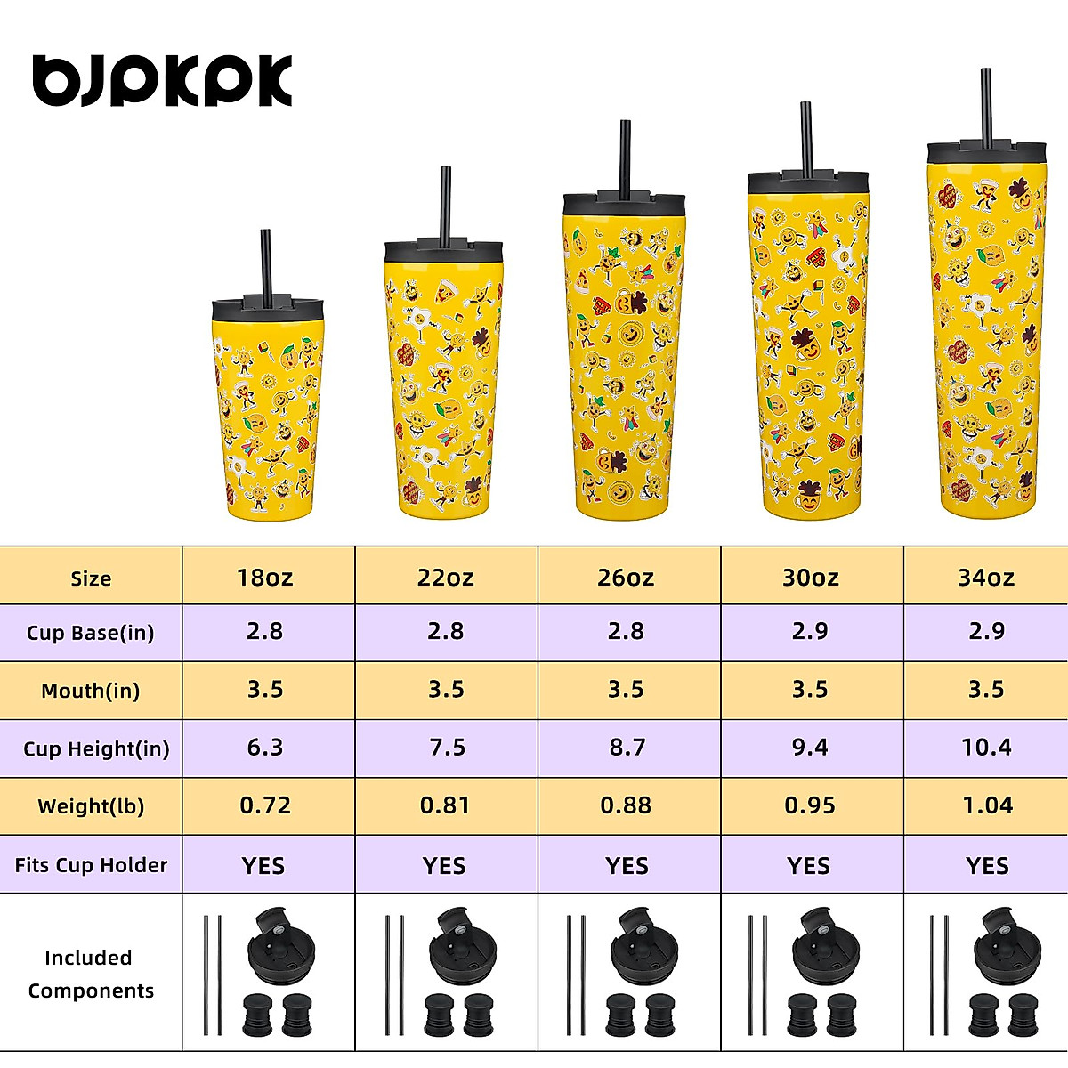 BJPKPK 22oz Insulated Tumbler With lid And Straw Stainless Steel Tumblers Travel Coffee Mug Reusable Thermal Cup,Hawaii Fruits Yellow
