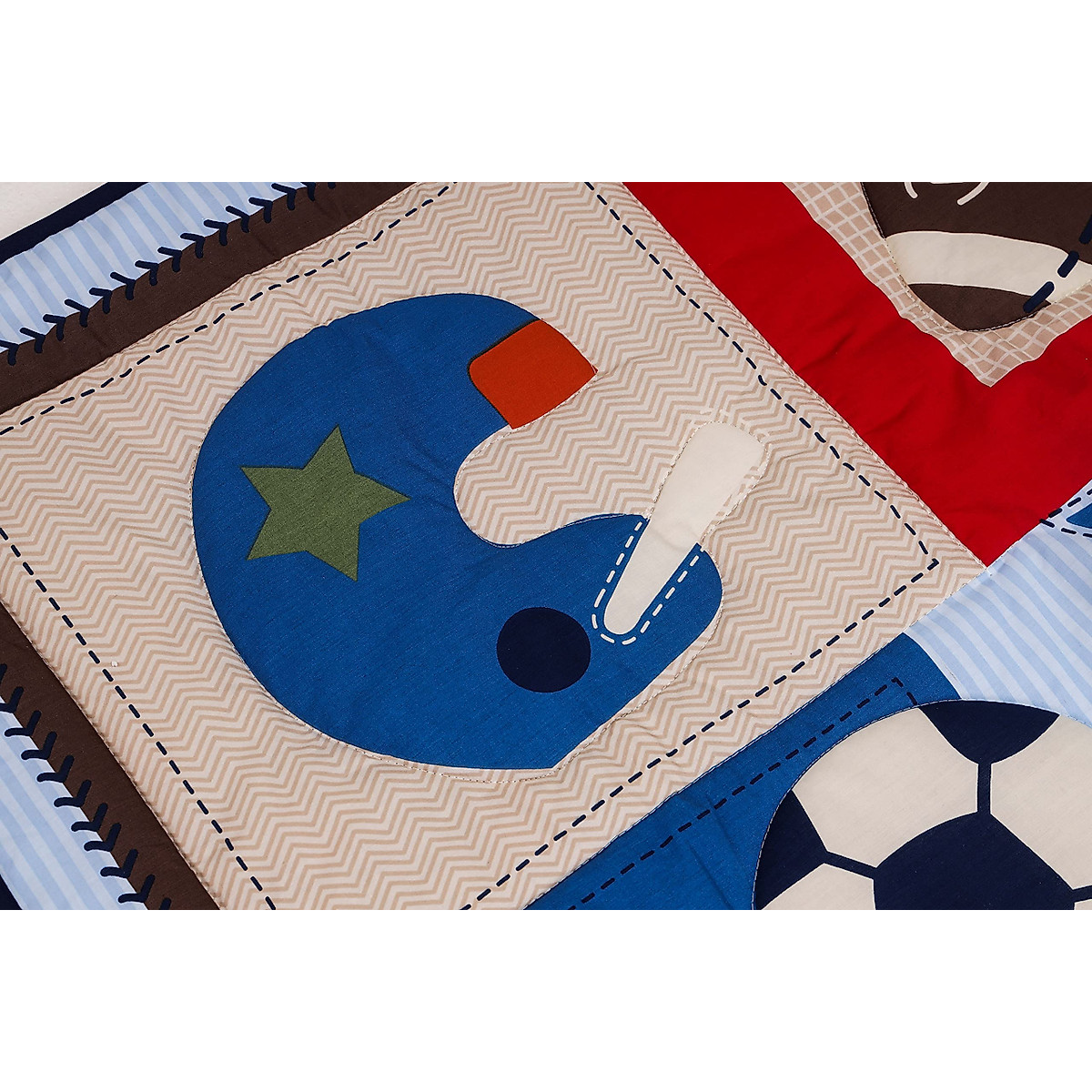 CribMATE 3 PCs Blue Sport Nursery Crib Bedding Set Baby Boy Sports Theme Cot Bedding Set 1 Quilt 1 Fitted Sheet 1 Skirt, Blue , Red , Brown, 28 X 52