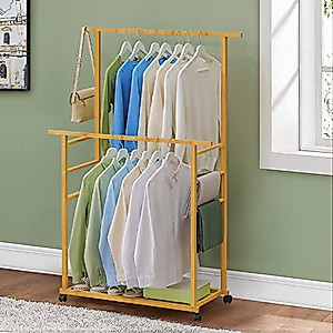 MoNiBloom Double Rod Clothing Garment Rack with Bottom Shelves, Bamboo Clothes Rack on Wheels Rolling Clothing Rack with Pants Rack Hanging Clothes, Natural