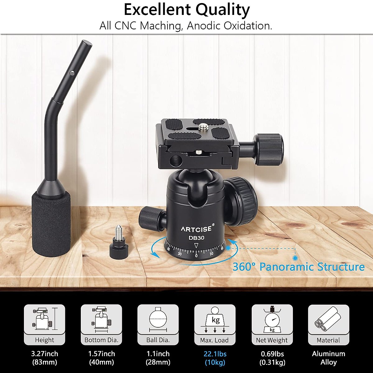 Ball Head with Handle All Metal CNC Panoramic Tripod Ball Head Camera Mount Ball Head with Two Quick Release Plates for Tripod, DSLR, Camcorder, Telescope，Max Load 22lbs/10kg（Black）