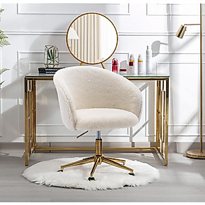 White Modern Faux Fur Home Office Chair, Upholstered Round Fluffy Chair Makeup Vanity Chair for Teen Girls Swivel Desk Chair with Gold Base, 3'' Adjustable Height Leisure Elegant Office Chair