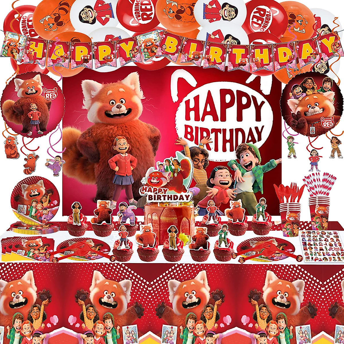 199Pcs Party Supplies, Red Party Decorations Red Party Favors Decorations Gift Set Cartoon Movie Decoration with Backdrop Cloth Flatwares Banner Balloon(Serves 10)