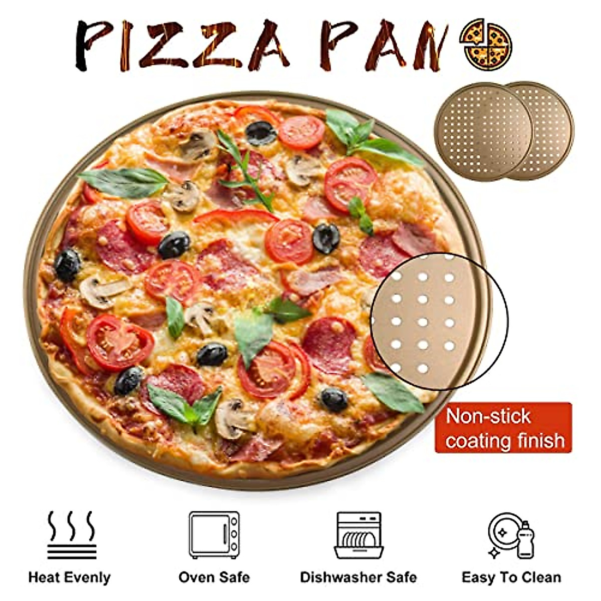 COOKWIN 2 Pack Pizza Pan,Pizza Pan for Oven,12.6 Inch Pizza Baking Pan,Non-Stick Golden Carbon Steel pizza pan with holes,Organosilicon Coated Crisper Pan,Dishwasher Safe