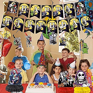 Nightmare Birthday Decorations Party Supplies, Christmas Nightmare Banner,Hanging Swirls and Table Decorations Honeycomb Centerpieces for Nightmare Party decoration