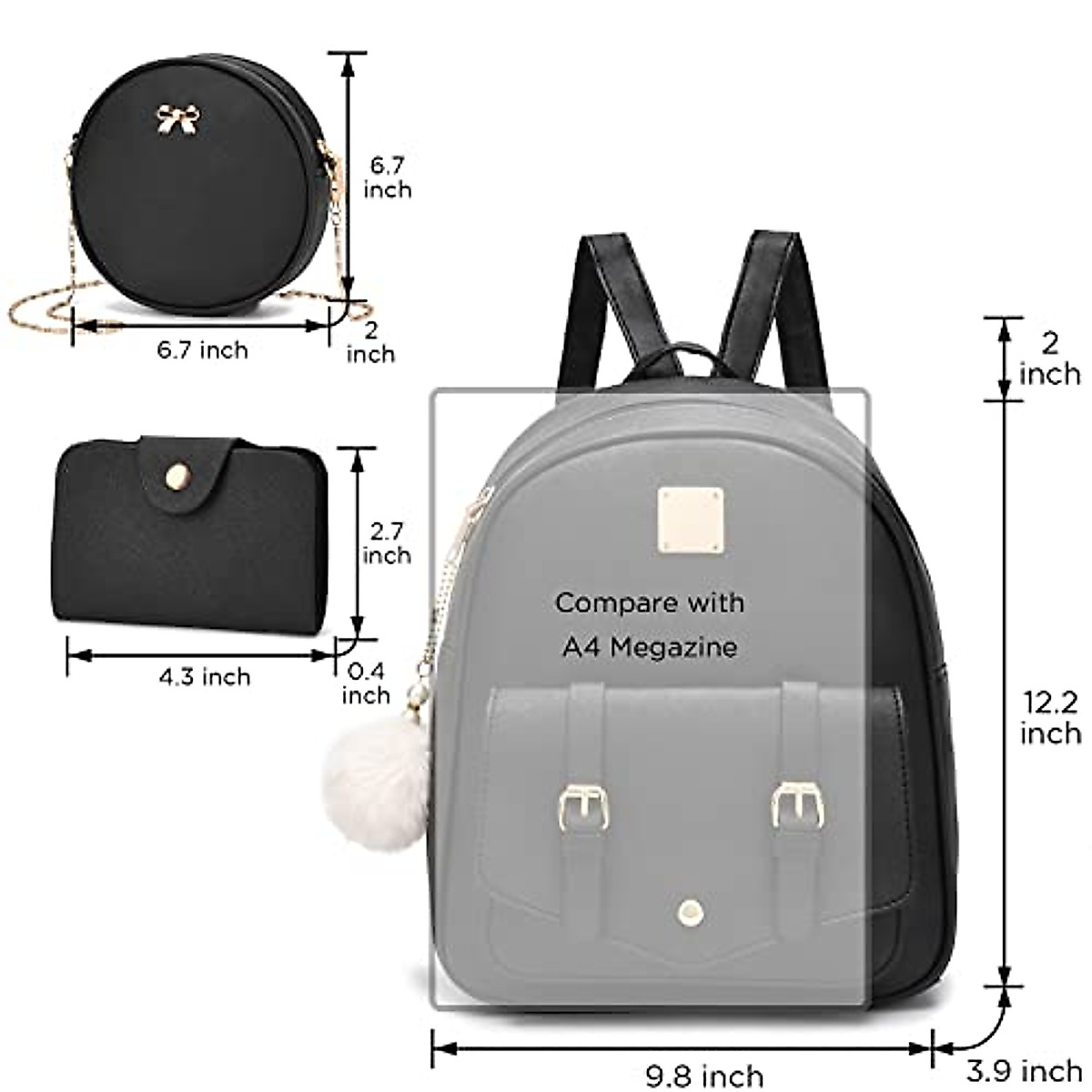 I IHAYNER Girls 3-Pieces Fahsion Leather Backpack Purse Set for Women Rucksack for Ladies Satchel Shoulder Bag Bookbag for Teen Girls Gold Pink