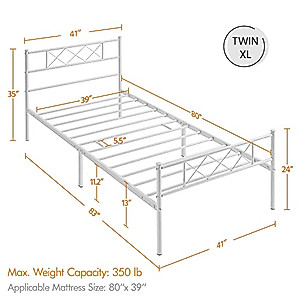 Yaheetech Twin XL Metal Platform Bed Frame Mattress Foundation with Headboard and Footboard No Box Spring Needed Under Bed Storage Steel Slats White