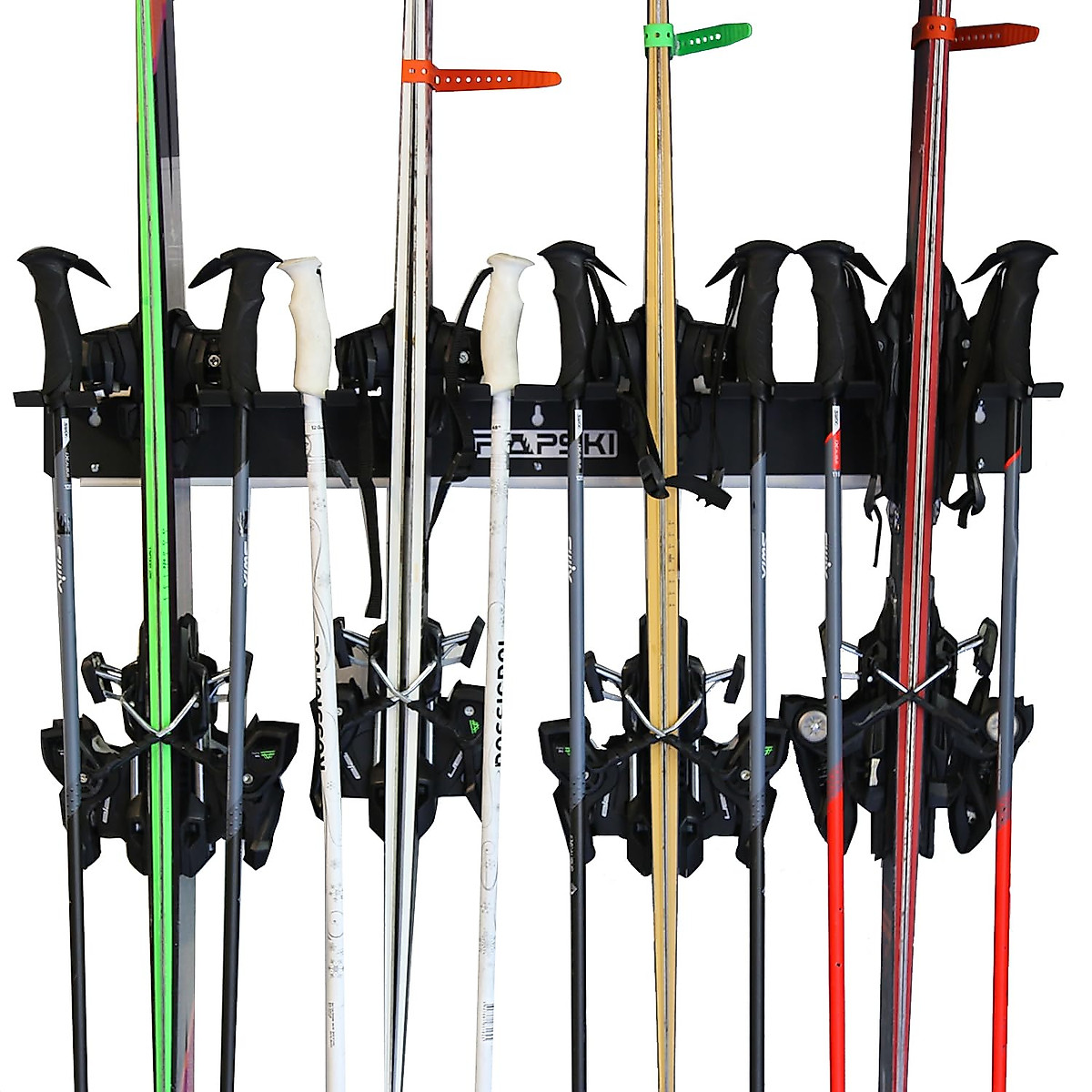 TRAPAWAY Wall Rack | Holds 4 pair of Skis or Snowboard by Bindings | Garage Organizer for Yard Tools, Gear & Equipment | Aluminum | No Moving Parts to break or pinch | Made in the USA (Black Quad)