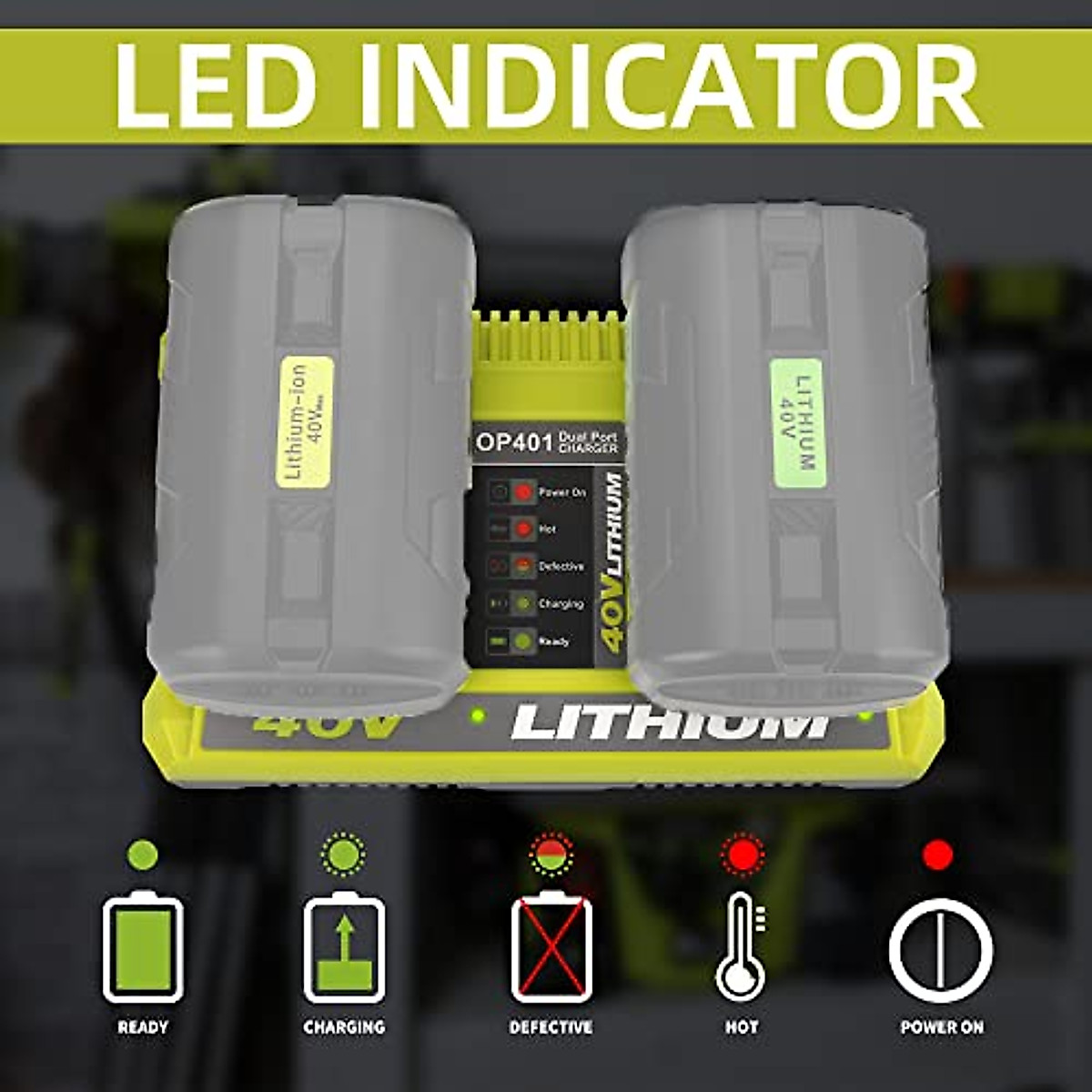 Hipoke OP401 40V Dual Battery Charger for Ryobi 40V Lithium-ion Battery OP4040 OP4026 OP4026A OP4050A OP40601 OP40602 OP4030 OP4015 OP40201, 40V Ryobi Charger Tool