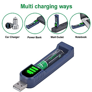 Tectra 4pcs AAA Ni-MH Rechargeable AAA Batteries with LED USB Charger for Wireless Keyboard and Mouse, Clocks, Remotes, Toys & Electronic Devices