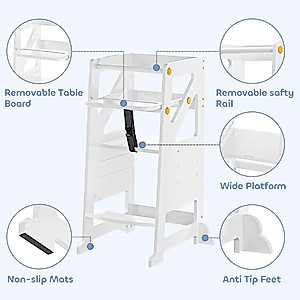 Toddler Kitchen Step Stool, REONEY 2 in 1 Kids Standing Tower, High Chairs with Removable Tray, Height Adjustable Learning Helper Tower for Kitchen Counter Bathroom Sink