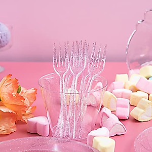 BUCLA 100pack Dessert Plates Pink Plates 6.5inch -100pack Plastic Dessert Forks 5inch-100Pack Disposable 9oz Rose Pink Plastic Cups- Perfect for Weddings& Parties&Mothers Day Plates