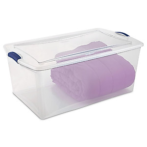 MevUs 105 Qt. Clear Plastic Latching Box, Blue Latches with Clear Lid Storage Box Home Organization and Storage Containers Organizer