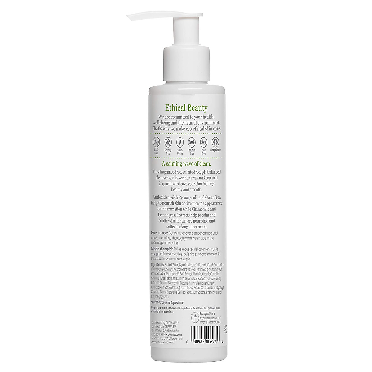 Derma E Sensitive Skin Cleanser – Gentle, Unscented Cleansing Face Wash – Soothing Facial Cleanser with Pycnogenol and Aloe Vera - Reduces Redness and Irritation, 6 fl oz