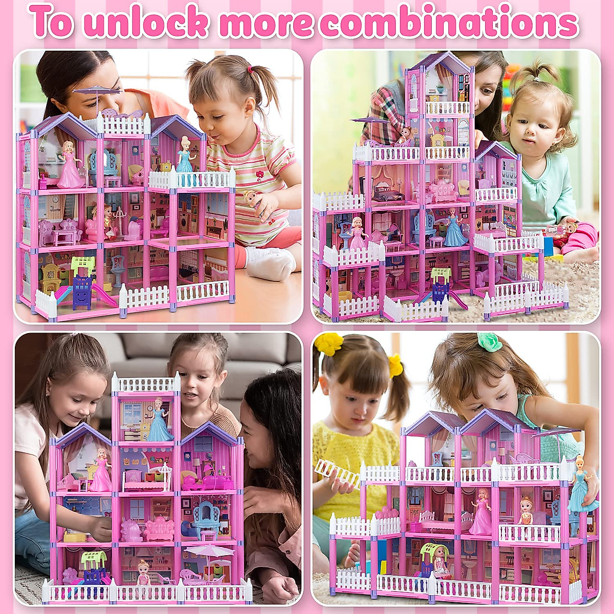 292-Piece Pink Princess Castle Dollhouse Playset with Dolls, Furniture & Accessories - For 3-10 Year Old Girls