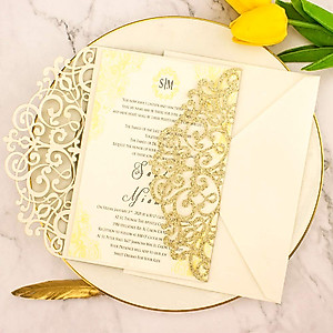 50Sets 5x7 inch 250gsm Light Gold Glitter Wedding Invitations Cards with Envelopes Laser Cut Greeting invites 4 Birthday Bridal Show