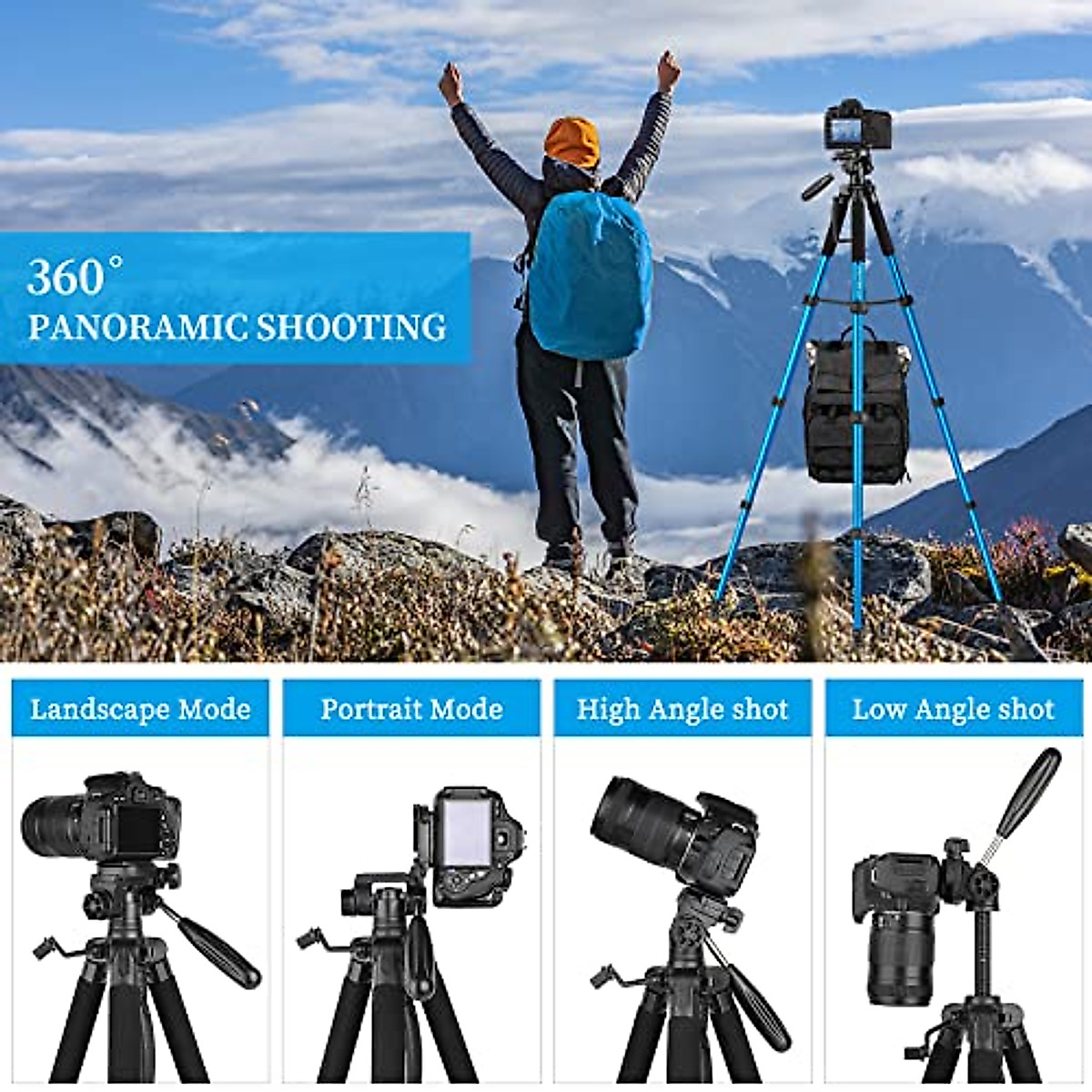 Tripod Camera Tripods, 74" Tripod for Camera Cell Phone Video Photography, Heavy Duty Tall Camera Stand Tripod, Professional Travel DSLR Tripods Compatible with Canon Nikon iPhone, Max Load 15 LB