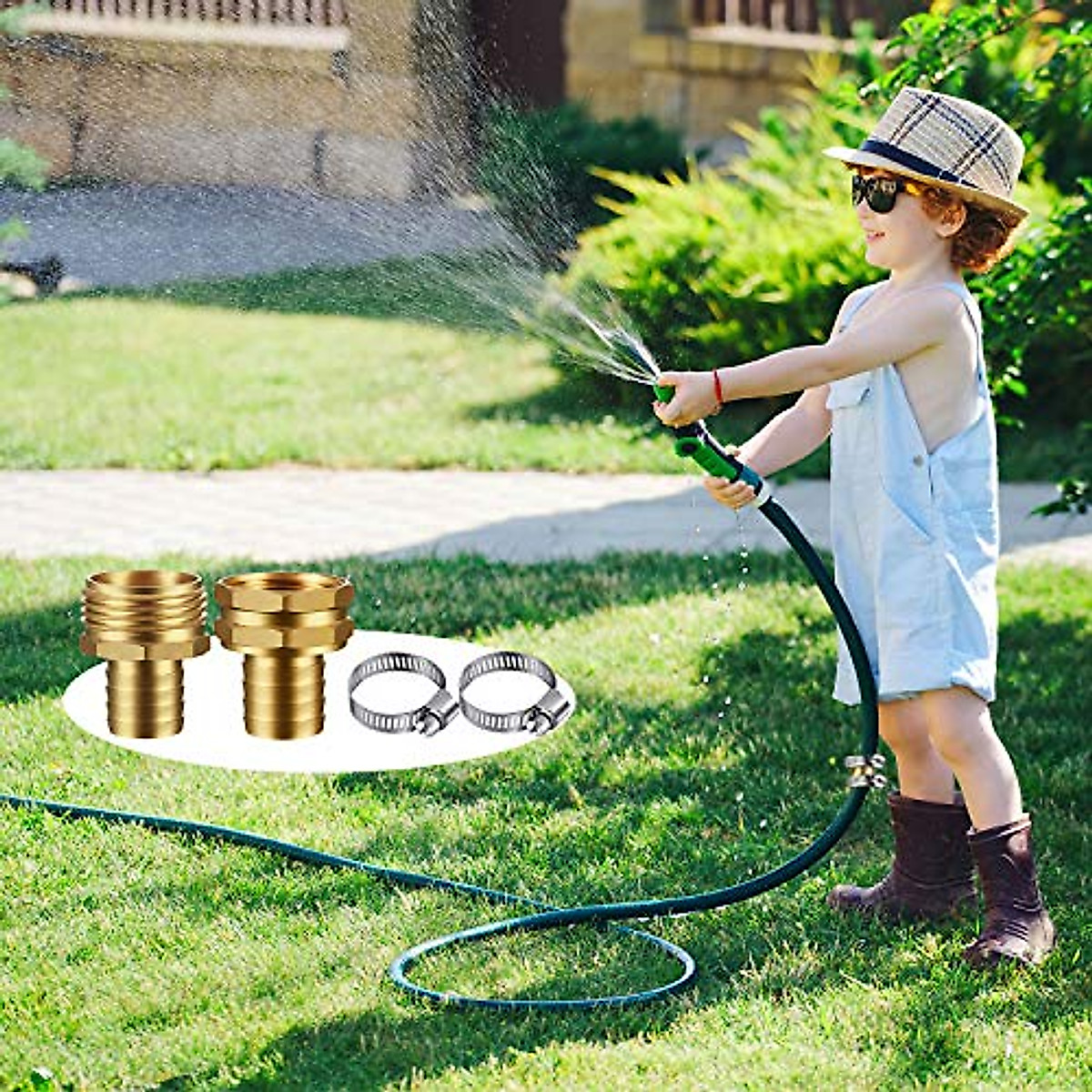 4 Set 3/4 Inch Solid Brass Garden Hose Connector Hose Mender, Water Hose Repair Kit Female and Male Hose Connector with Tape, Stainless Steel Clamp and Rubber Gasket