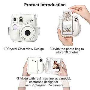 MUZIRI KINOKOO Instax Mini 7+ case, Camera Case for Fuji Instax Mini 7 Plus/Mini 7 + Instant Camera Clear Case with Shoulder Strap and Photo Pocket