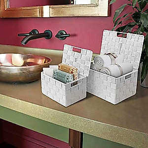 Sorbus Storage Box Woven Basket Bin Container Tote Cube Organizer Set Stackable Storage Basket Woven Strap Shelf Organizer Built-In Carry Handles (Lid Bins - 3 Pack, White)