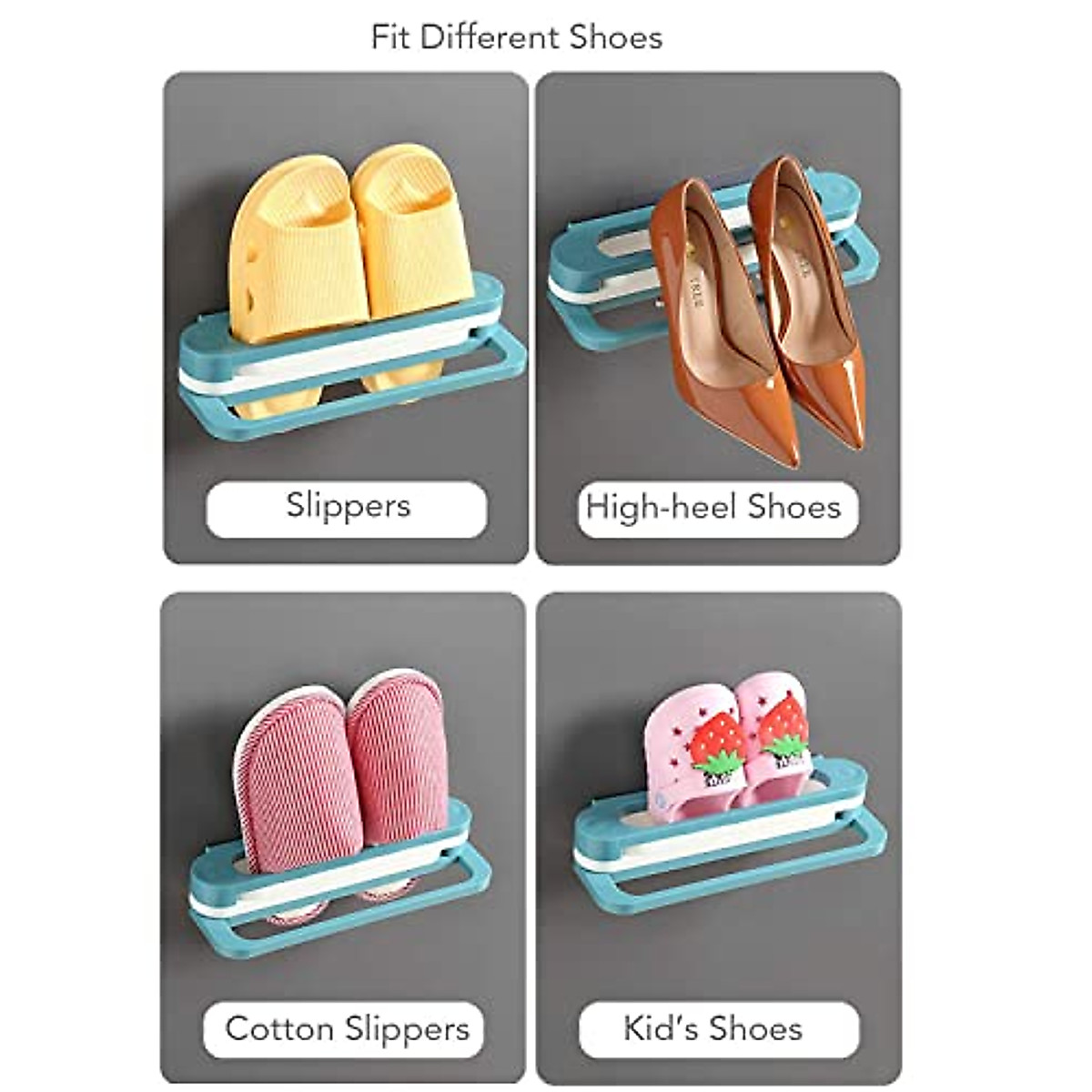 2PCS Bathroom Slippers Rack Wall Mounted Shoe 4in1Organizer Rack Folding Slippers Holder Shoes Hanger Punch-Free Storage Towel Racks (Blue)