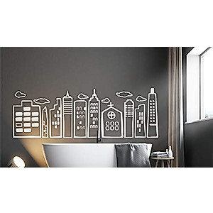 Doodled City Skyline Wall Decal- Cityscape Vinyl Stickers for Bedroom Living Room Kids Room Nursery Home Decor-White