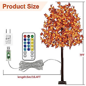 7FT 170 LED Lighted Maple Tree - Thanksgiving Decor Artificial Fall Tree with 17 Branches, 17 Acorns 340 Leaves, Remote 8 Flashing Modes, Timing, DC 5V Safe for Outdoor Wedding Party Autumn Decor…