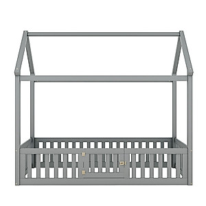 Bellemave Twin Size Montessori House Bed for Kids, Wood Floor Beds with Fence Railings & Door, Twin Playhouse Bed for Boys Girls, Box Spring Needed, Gray Wash
