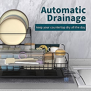 slhsy Removable Design 2 Tier Dish Drying Rack/Strainers with Drainboard, Swivel Spout, Cup & Utensil Holder and Drying Mat for Kitchen Counter, Black