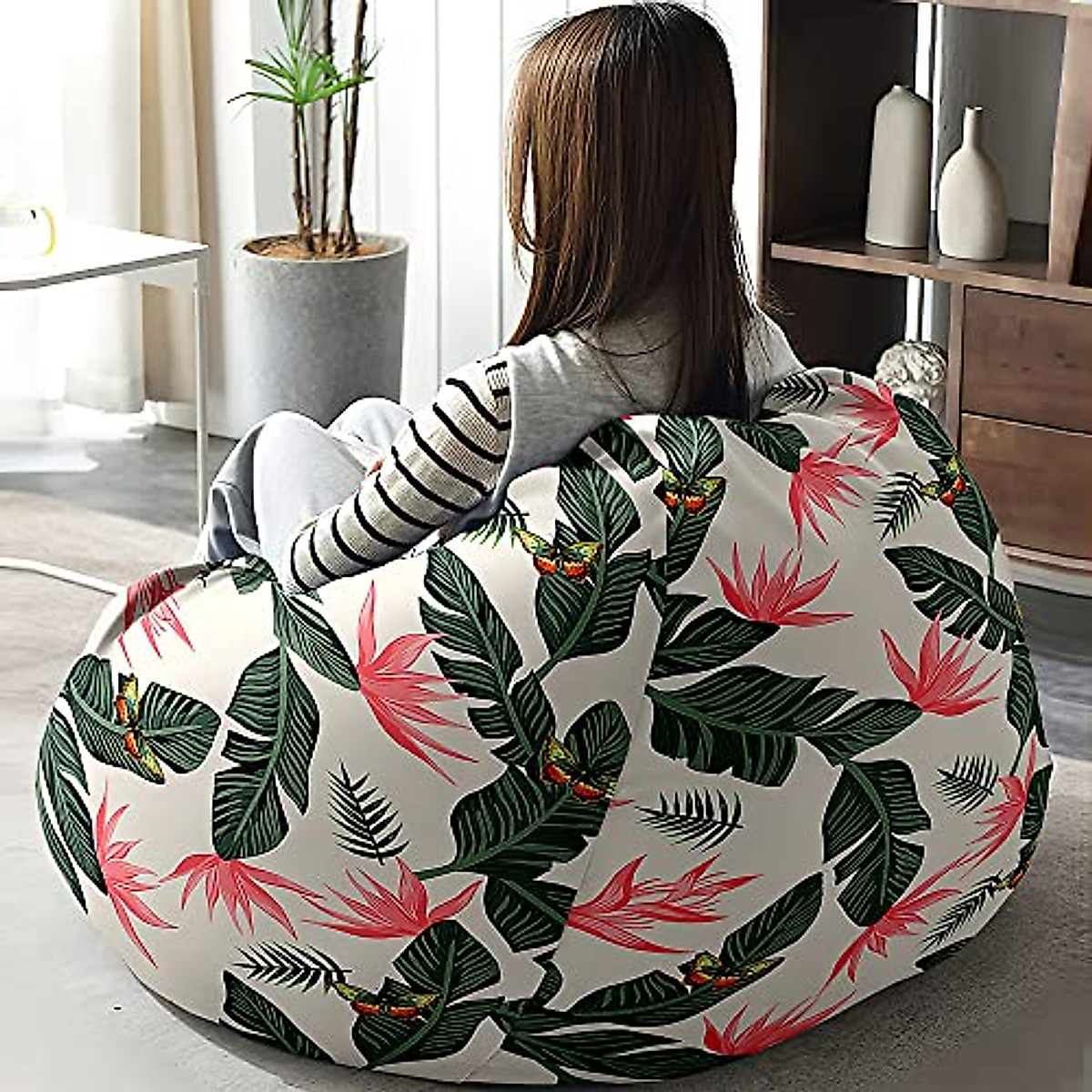 Lukery Bean Bag Chair for Adults (No Filler), 3D Tropical Plants Bean Bag Cover, Stuffed Animal Storage Bean Bag Chairs for Kids, Comfy Bean Bags Cotton Beanbag (S/27.6x31.5'',Strelitzia)