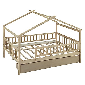 House Bed with Fence Storage, Full Size Montessori Style Beds with Railings and 2 Drawers, Wooden Playhouse Bed Frame for Kids Girls Boys, Natural