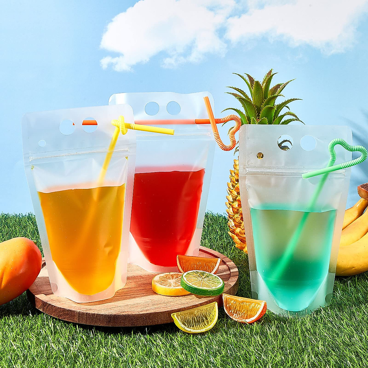500 Count Summer Plastic Drink Pouches with Straws Heavy Duty Handheld Translucent Reclosable Drink Bags Portable Liquor Pouches Zipper Plastic Pouches for Cold and Hot Drinks for Adults and Kids