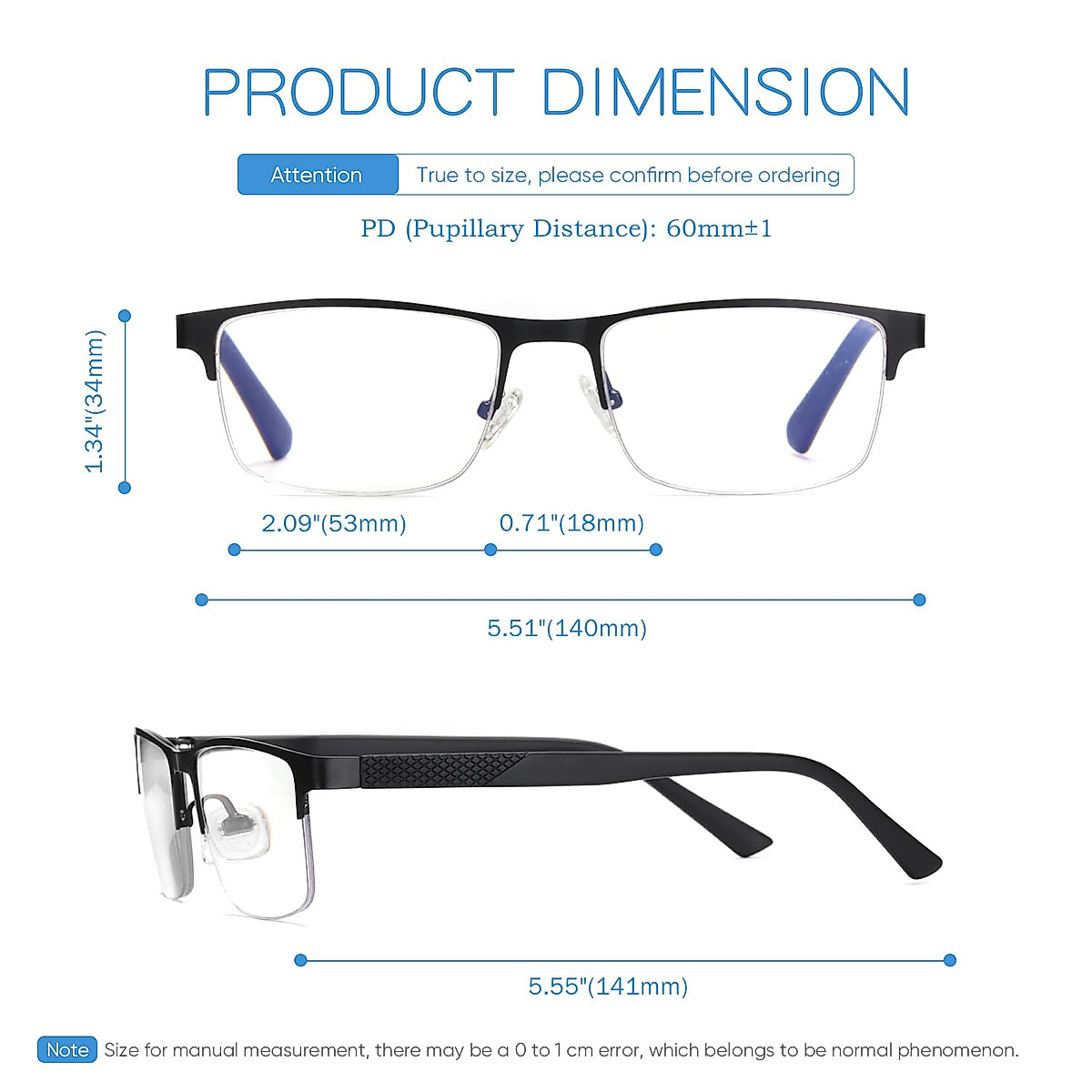 Missfive 2 Pack Mens Quality Progressive Multifocus Reading Glasses Blue Light Blocking, Man Spring Hinge No-Line Multifocal Readers Half Frame Metal Eyeglasses (Workspace For Near Range, 2.5x)