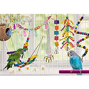 Parakeet Cockatiel Bird Swings Toys, Bird Perch Bird Cage Hammock Coconut Hideaway with Ladder Hanging Bell Swing Chewing Hanging Toy for Budgerigar, Conures, Love Birds, Finches, Budgie,Mynah
