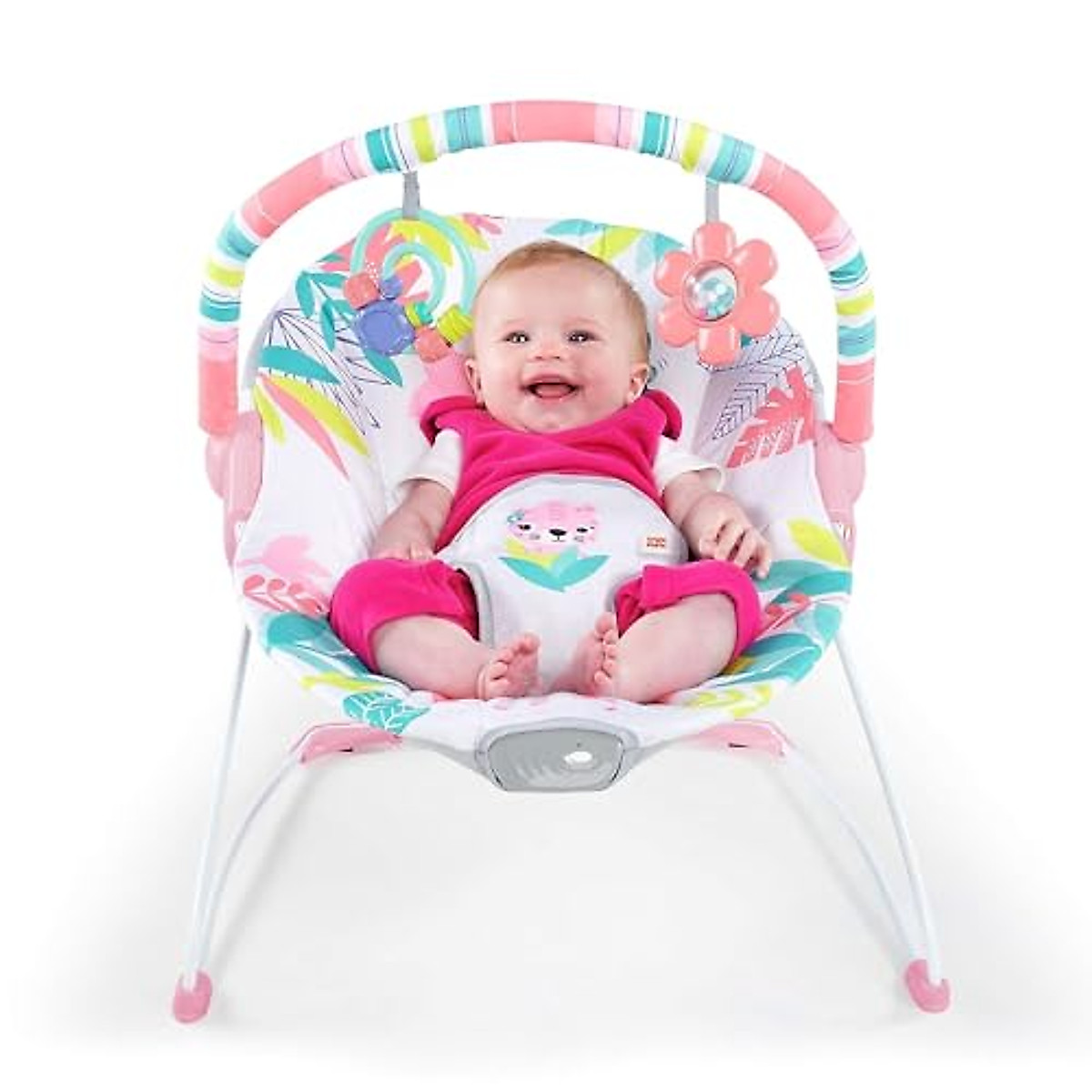 Bright Starts Baby Bouncer Soothing Vibrations Infant Seat - Removable-Toy Bar, Nonslip Feet, 0-6 Months Up to 20 lbs (Flamingo Vibes, Pink)