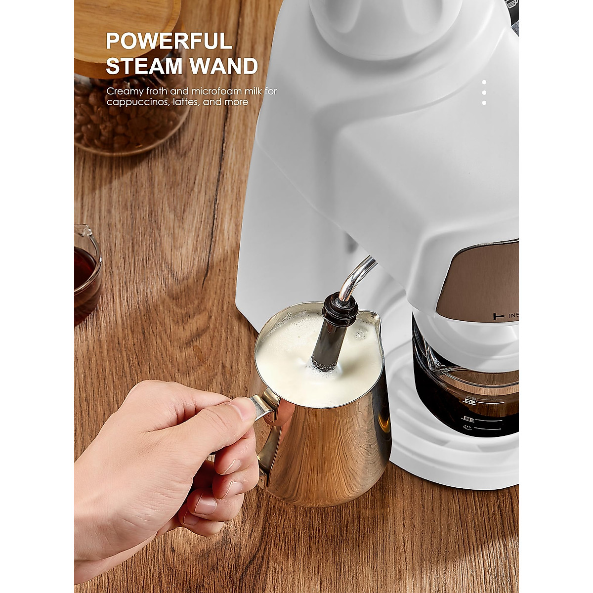 Ihomekee Espresso Machine, 3.5Bar Espresso and Cappuccino Machine with Preheating Function, 4 Cup Coffee Maker with Milk Frothing Function and Steam Wand (White), CM6810