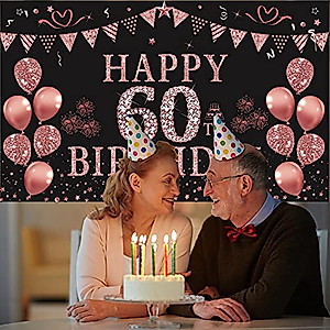 Trgowaul 60th Birthday Decorations for Women Rose Gold Birthday Backdrop Banner 5.9 X 3.6 Fts Happy Birthday Party Suppiles Photography Supplies Background Happy 60th Birthday Decoration