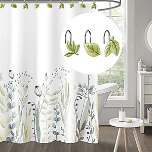 Green Plant Leaves Decorative Shower Curtain Hooks, Tropical Botanical Plam Tree Leaf Shower Curtain Rings for Bathroom, Resin, Cute Shower Curtain Hanger Hooks Bathroom Decor, Set of 12