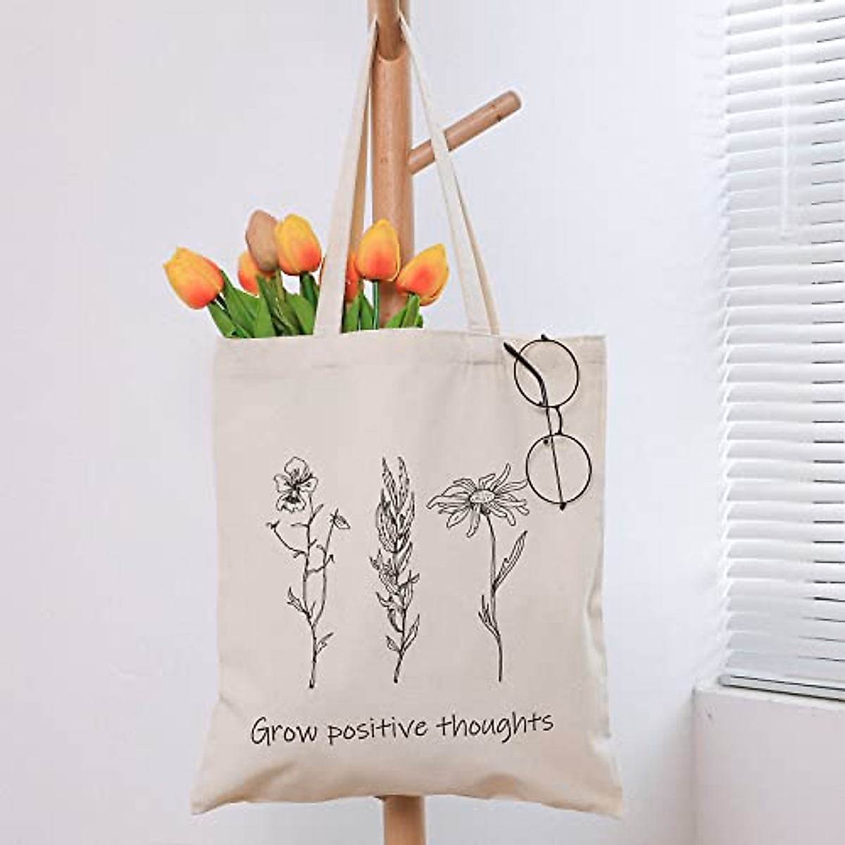 4 Pcs Canvas Tote Bag for Women Floral Cat Mushroom Tote Bags Aesthetic Reusable Shopping Tote Bag for Girls Christmas Gift(Wildflower)