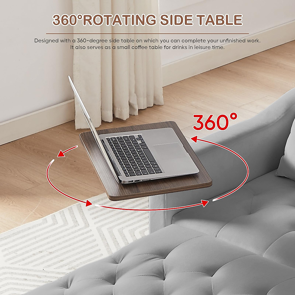 Antetek 3 in 1 Convertible Sofa Bed w/360° Rotating Side Table, 53" Modern Velvet Loveseat Sofa, Sleeper Pullout Bed w/Adjustable Backrest for Living Room Apartment, Office, Small Space, Grey