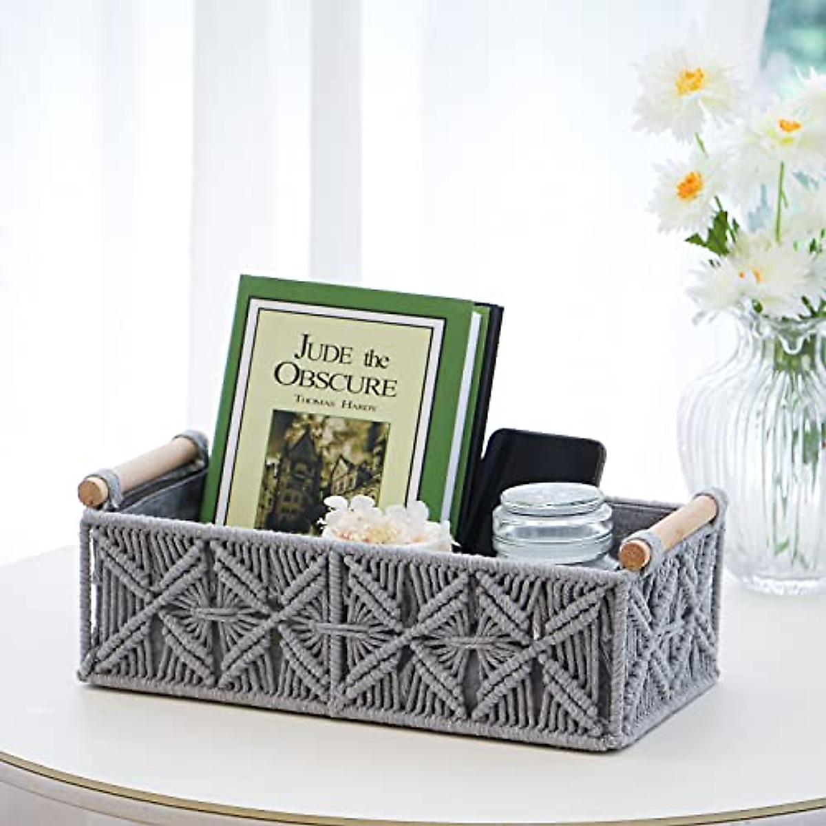 Toilet Paper Basket Macrame Bathroom Storage Baskets with Removable Cloth Boho Decorative Woven Basket for Countertop,Toilet Tank,Shelf,Dressing Table