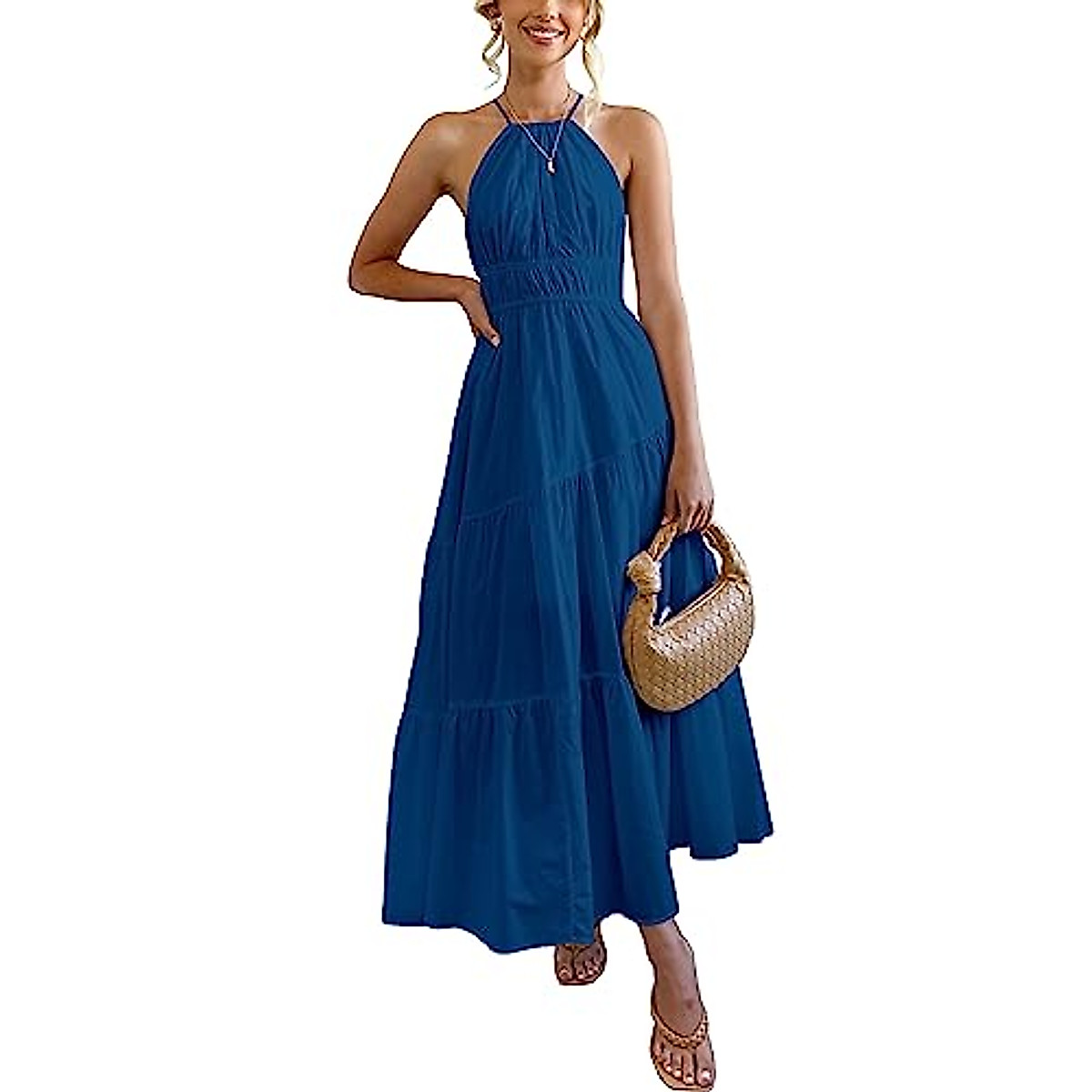 Womens Halter Sleeveless Boho Dress Casual Sexy Flowy Pleated High Waist A-Line Babydoll Midi Dresses for Women