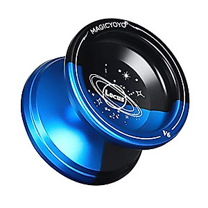 MAGICYOYO Responsive V6 Black Blue Aluminum YoYo for Kids Beginner Learner with 1 Yoyo Storage Bag, 1 Unresponsive Bearing Kit, 12 Yoyo Strings