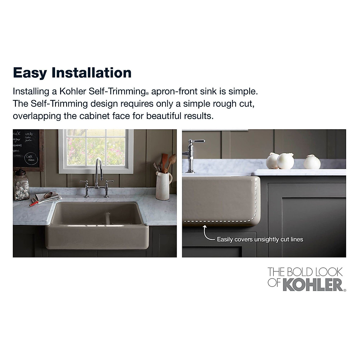 KOHLER 5826-0 Whitehaven Farmhouse Self-Trimming Undermount Single-Bowl Sink with Short Apron, 33 Inch, White