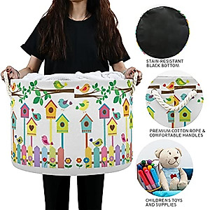 Colorful Birds and Birdhouses Raster Tree Branches Leaves Flowers Round Storage Basket Waterproof Print Collapsible Fabric Cube With Cotton Rope Handles Laundry Bag Organizer Toys Clothes for Room