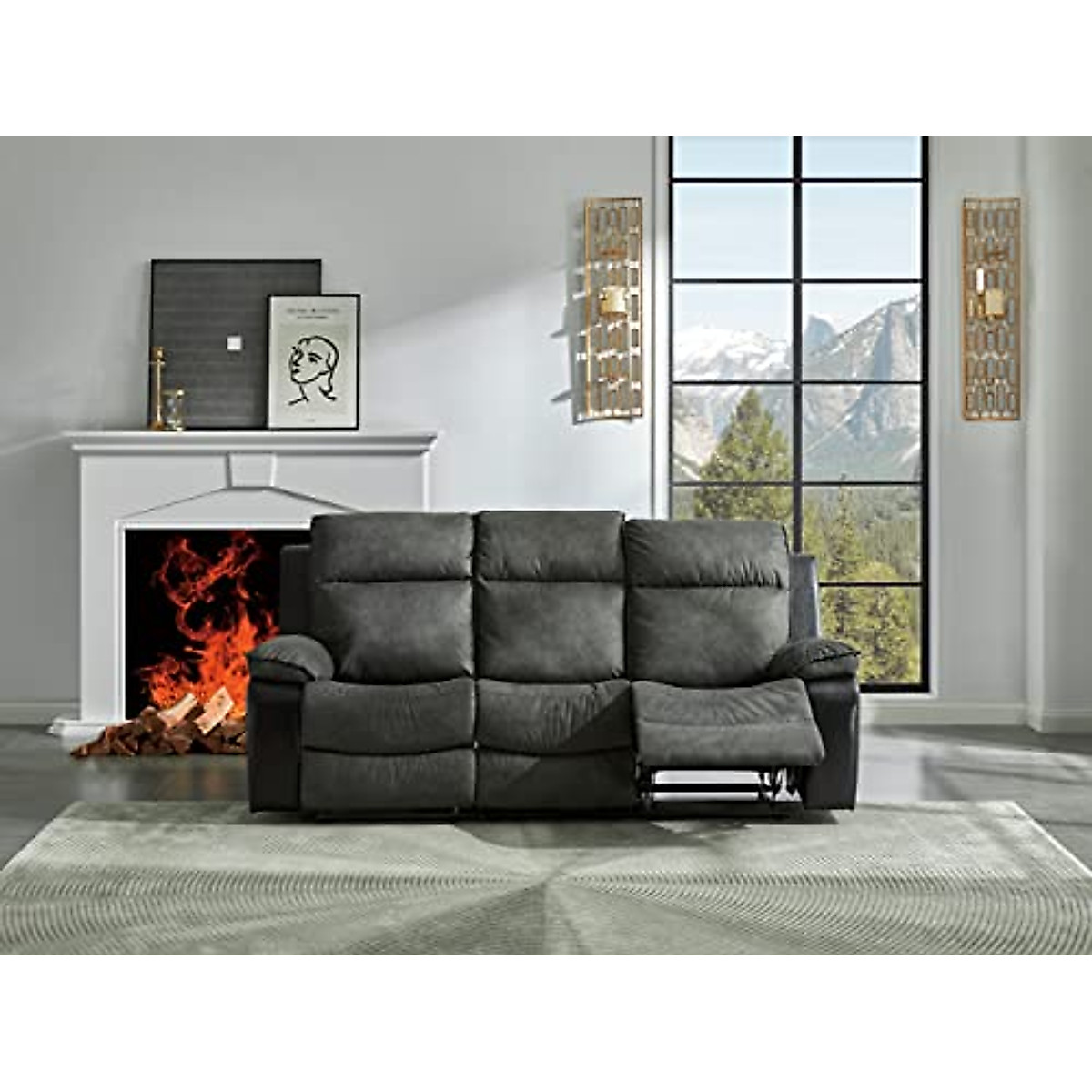Signature Design by Ashley Woodsway Modern Faux Leather Tufted Reclining Sofa, Gray & Black