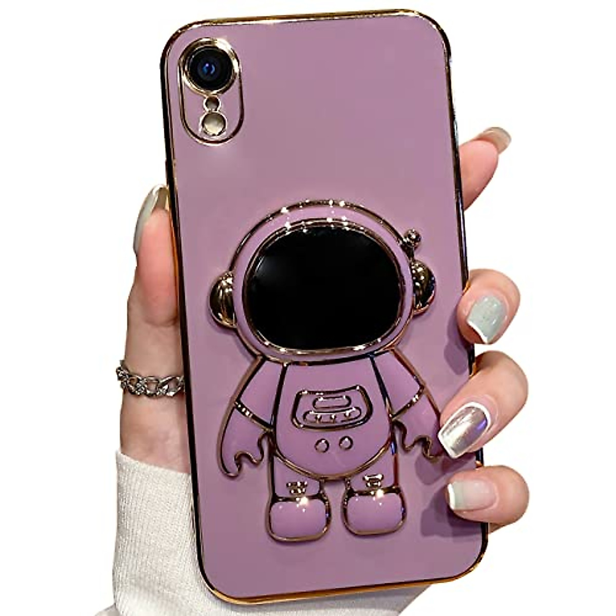 Rogsgic Astronaut Case for iPhone XR Cute Plating Phone Cases with Stand for Women Girls Soft TPU Camera Protective Shockproof Cover 6.1'' (Purple)